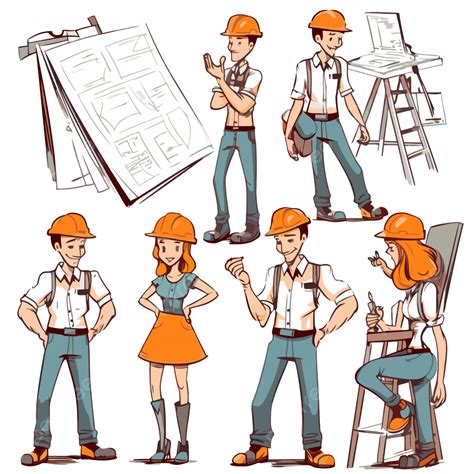 건축가와 건축 조수 만화 여섯 가지 도면 벡터 보조 클립 아트 만화 Png 일러스트 및 벡터 에 대한 무료 다운로드 Pngtree