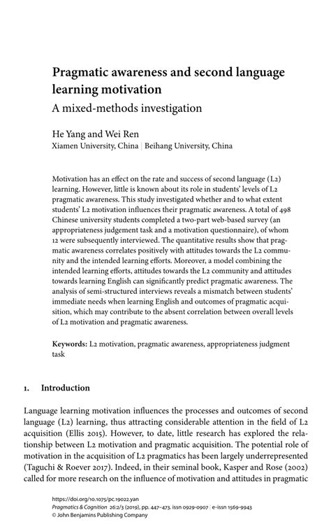 Pdf Pragmatic Awareness And Second Language Learning Motivation A