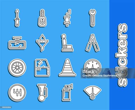 세트 라인 Speedometer 자동차 배터리 점퍼 전원 케이블 머플러 깔때기 또는 필터 및 모터 오일 드롭 거울 스크루 드라이버 및 좌석 아이콘 벡터 거울에 대한 스톡