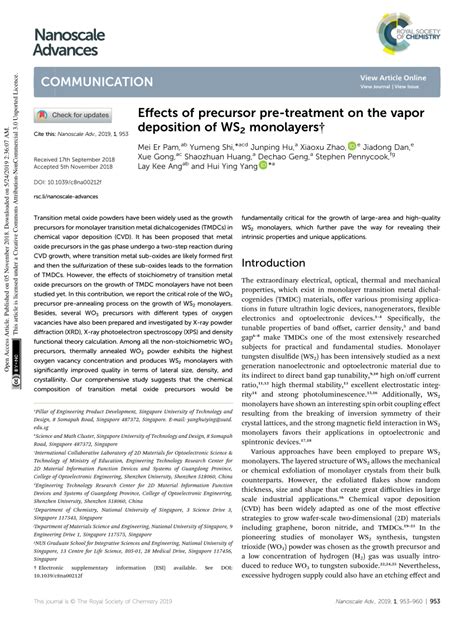Pdf Effects Of Precursor Pre Treatment On The Vapor Deposition Of Ws2