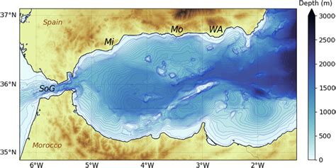 Alboran Sea Bathymetry From The Model Simulation Colors And Contours