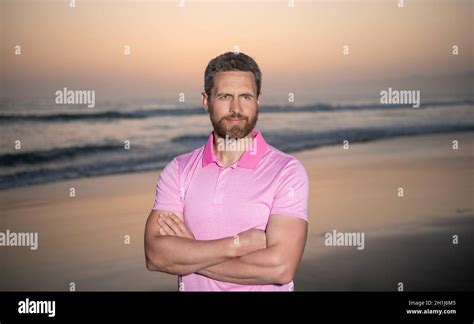 Summer Vacation Handsome Man With Beard In Sunset Over Sea Unshaven