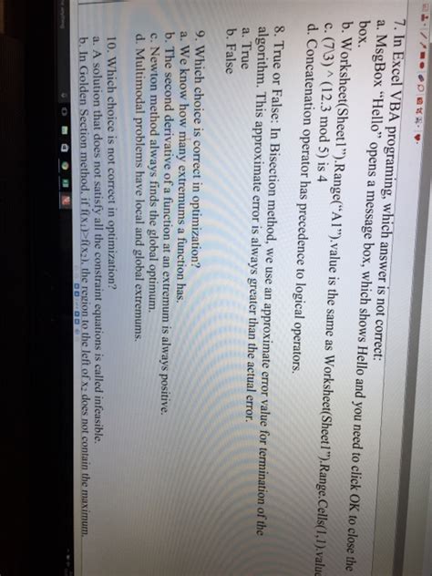 Solved In Excel VBA Programming Which Answer Is Not Chegg Com