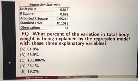 Solved Regression Statistics Multiple R R Square Adjusted R