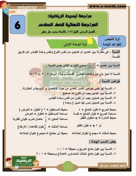 مراجعة نهائية في الرياضيات للصف السادس الابتدائي مدرس اول