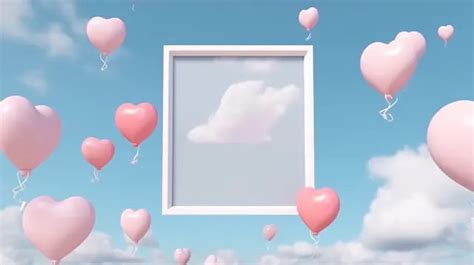 3d에서 하트 모양의 풍선이 있는 날아다니는 사진 프레임의 모형 템플릿 하트 풍선 발렌타인 선물 심장 3d 배경 일러스트