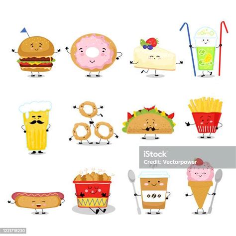 맛있는 패스트 푸드 달콤한 디저트 빵집과 도넛 식사 만화 패스트 푸드 벡터 그림 흰색에 고립 된 귀여운 음식 음식에 대한 스톡 벡터 아트 및 기타 이미지 Istock