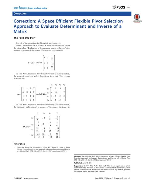 Pdf A Space Efficient Flexible Pivot Selection Approach To Evaluate Determinant And Inverse Of