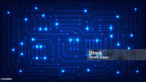 하이테크 디지털 회로 기판 Ai 패드와 파란색 조명 배경에 연결된 전선 0명에 대한 스톡 벡터 아트 및 기타 이미지 0명