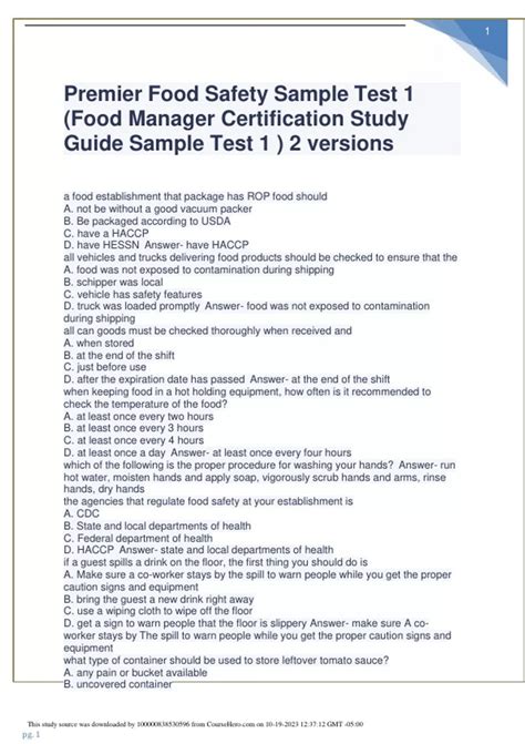Premier Food Safety Sample Test 1 Food Manager Certification Study
