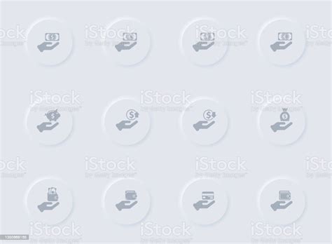 둥근 고무 버튼에 손과 돈 회색 벡터 아이콘 웹 모바일 앱 Ui 디자인 및 프로모션 비즈니스 폴리그래피용 손및 머니 아이콘 세트