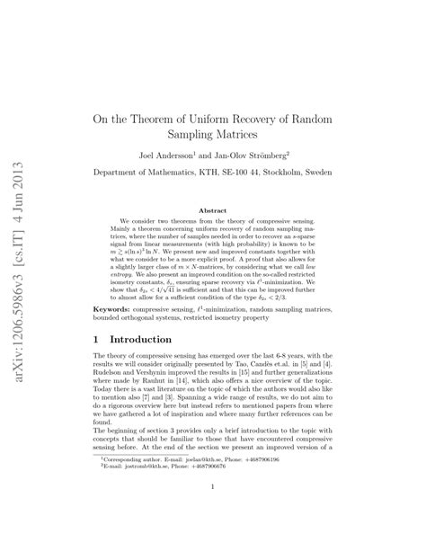Pdf On The Theorem Of Uniform Recovery Of Random Sampling Matrices