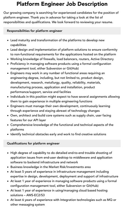 Platform Engineer Job Description Velvet Jobs