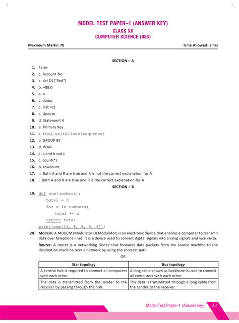 computer science xii model test paper 1 solved model test paper 1 answer key a section