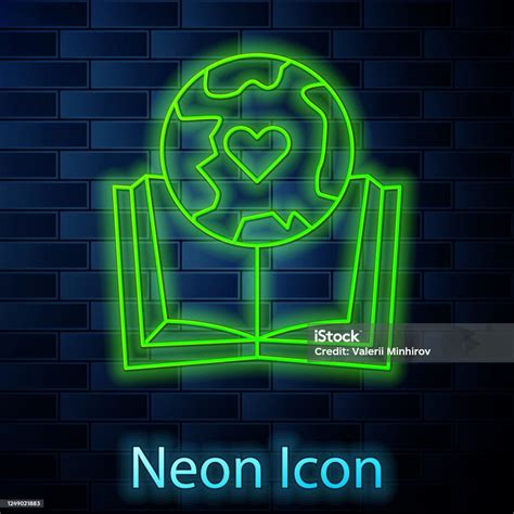 벽돌 벽 배경에 고립 된 네온 라인 지구 지구와 책 아이콘을 빛나는 세계 또는 지구 기호 글로벌 인터넷 기호 기하학적 모양 벡터 일러스트레이션 0명에 대한 스톡 벡터 아트