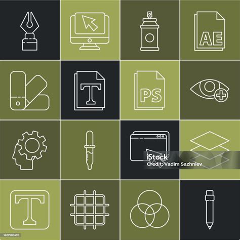 지우개 레이어 적목 현상 페인트 스프레이 캔 텍스트 파일 문서 색상 팔레트 가이드 만년필 펜촉 및 Ps 파일 아이콘으로 선 연필을 설정합니다 벡터 개념에 대한 스톡 벡터