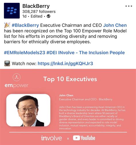 John Chen Has Been Recognized On The Top 100 Empower Role Model List R Bb Stock