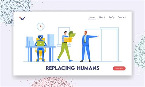 인간 랜딩 페이지 템플릿 대체 인공 지능 로봇 기술 발전으로 인한 직업 손실 대체 직원 캐릭터 상자 만화 벡터 일러스트와 함께