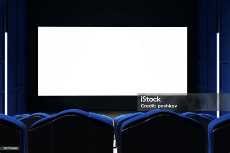 파란색 좌석과 어두운 인테리어가 있는 현대 극장의 빈 영화관 화면 전면 보기 브랜딩 또는 이벤트 프로모션에 적합합니다 3d 렌더링 0명에 대한 스톡 사진 및 기타 이미지