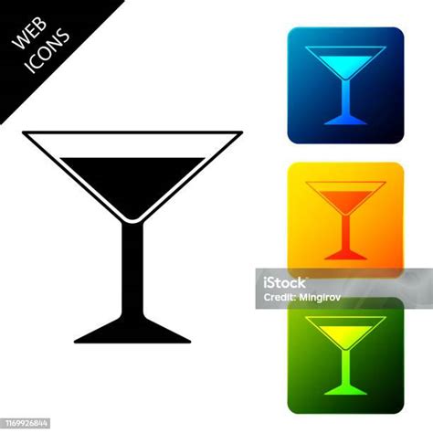 흰색 배경에 격리 된 마티니 유리 아이콘입니다 칵테일 아이콘입니다 와인 유리 아이콘입니다 설정 아이콘 다채로운 사각형 버튼 벡터 일러스트레이션 검은색에 대한 스톡 벡터 아트