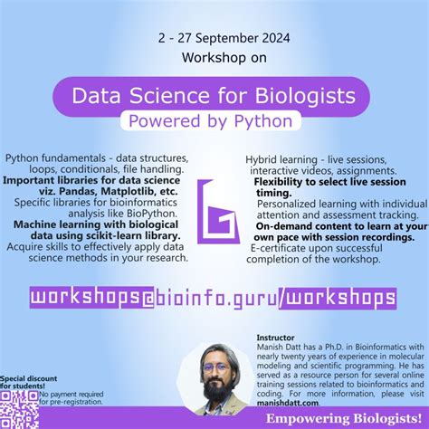 One Month Workshop On 𝗗𝗮𝘁𝗮 𝗦𝗰𝗶𝗲𝗻𝗰𝗲 𝗳𝗼𝗿 𝗕𝗶𝗼𝗹𝗼𝗴𝗶𝘀𝘁𝘀 From 2 27 September