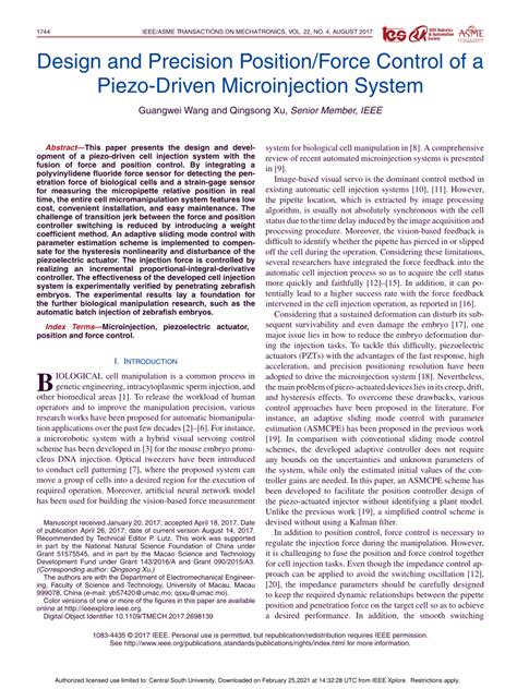 Pdf Design And Precision Position Force Control Of A Piezo Driven Microinjection System