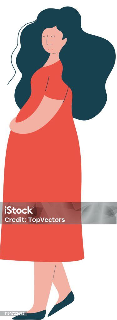 빨간 드레스 행복 한 임신 모성 건강 관리 벡터 일러스트 레이 션에 매력적인 갈색 머리 임신한 여자 갈색 머리에 대한 스톡 벡터 아트 및 기타 이미지 Istock