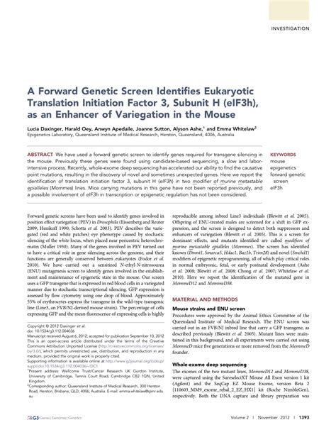 Pdf A Forward Genetic Screen Identifies Eukaryotic Translation Initiation Factor 3 Subunit H