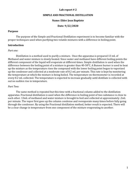 Distillation Lab Report Lab Report 2 Simple And Fractional