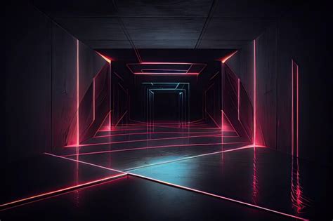 벽에 빛나는 레이저 선이 있는 어둡고 빈 방 안에 설정된 추상 어두운 네온 기하학적 배경의 생성 Ai 그림 네온 빛 반사가 있는 젖은 콘크리트 바닥 프리미엄 사진