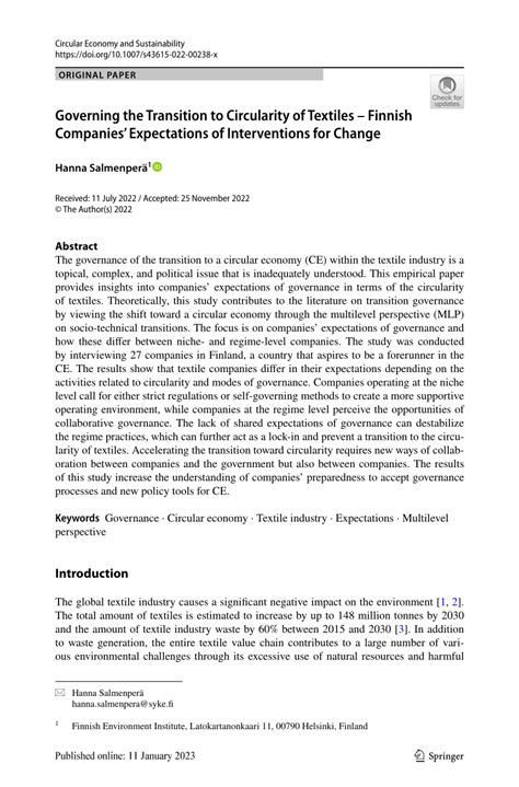 Pdf Governing The Transition To Circularity Of Textiles Finnish