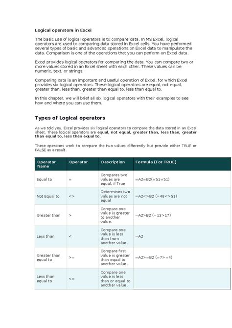 Logical Operators In Excel In Ms Excel Logical Operators Are Used To
