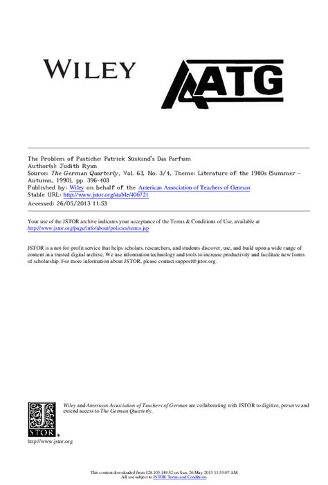 Pdf The Problem Of Pastiche In Patrick Süskinds Perfume German Quarterly 63 1990 396 403