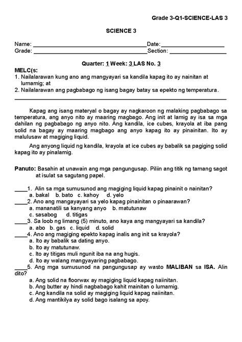 Grade 3 Q1 Science Las Week 3 Grade 3 Q1 Science Las 3 Science 3 Name