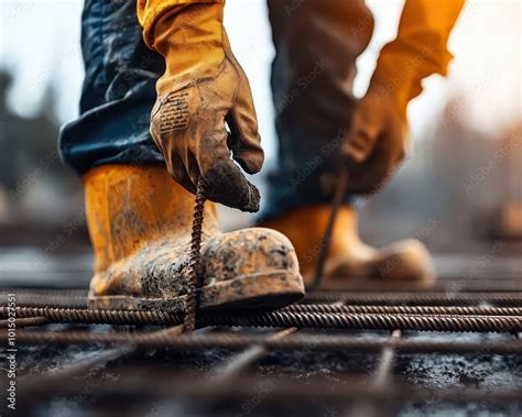 Construction Team Laying Rebar Framework For Concrete Slab Foundation Rebar Installation