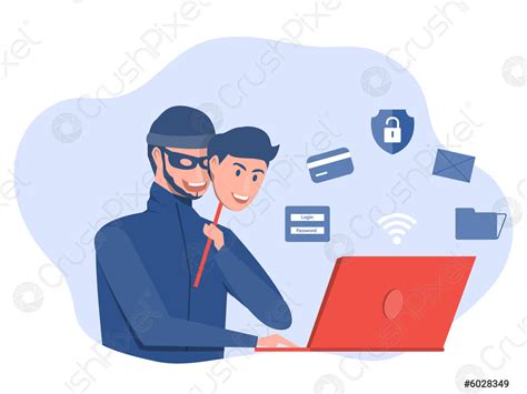 Criminal Hacker Holding Friends Mask For Hacking On Laptop Screen Stock Vector 6028349