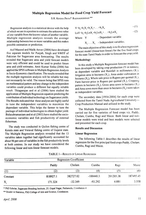 pdf multiple regression model for food crop yield forecast