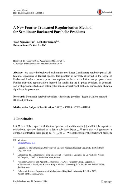 PDF A New Fourier Truncated Regularization Method For Semilinear Backward Parabolic Problems