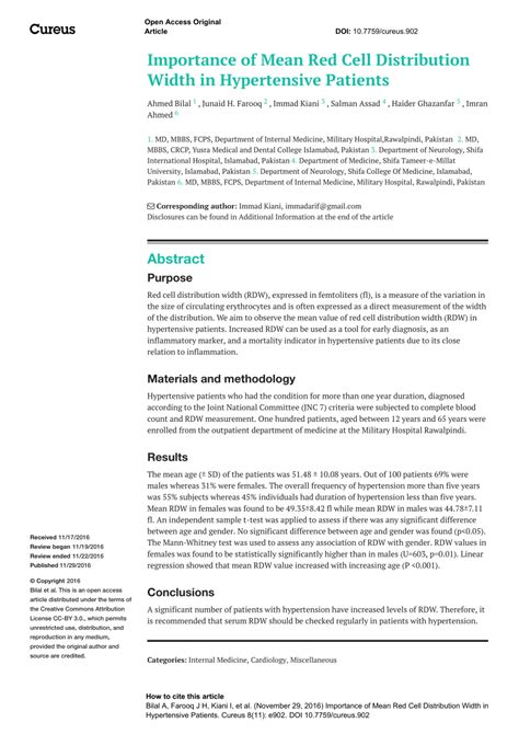 Pdf Importance Of Mean Red Cell Distribution Width In Hypertensive