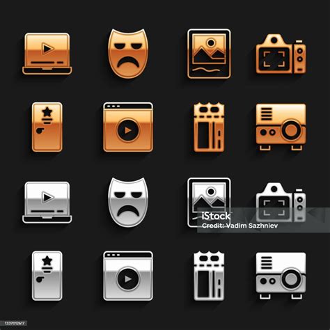 온라인 플레이 비디오 사진 카메라 미디어 프로젝터 시네마 티켓 무대 뒤 프레임 및 드라마 연극 마스크 아이콘을 설정합니다 벡터 0명에 대한 스톡 벡터 아트 및 기타 이미지