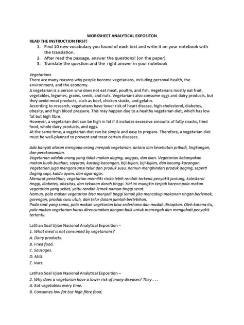 Worksheet Analytical Exposition Pdf Vegetarianism Fat
