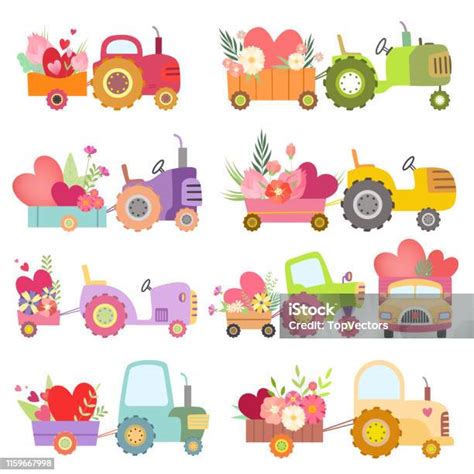 꽃과 마음의 전체 카트귀여운 트랙터의 컬렉션 다채로운 농업 농장 전송 벡터 일러스트 교통수단에 대한 스톡 벡터 아트 및 기타 이미지 교통수단 귀여운 꽃 나무 Istock