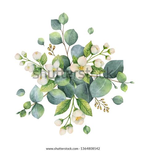 수채색 손은 그린 부케와 녹색 유칼립투스 스톡 일러스트 1364808542