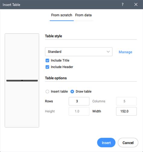 insert table dialog box bricscad lite and pro bricsys help center
