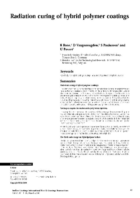 Pdf Radiation Curing Of Hybrid Polymer Coatings