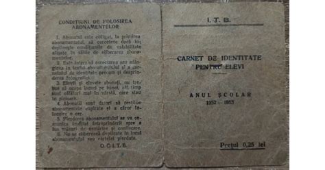 Carnet De Identitate Pentru Elevi Itb 1952 53 Arhiva Okaziiro