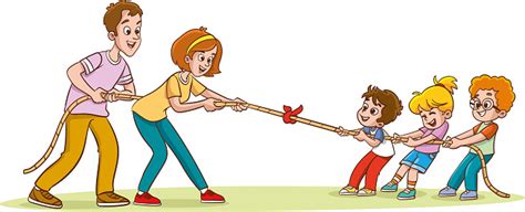 어린이와 성인 캐릭터로 구성된 팀은 줄다리기에서 밧줄의 반대쪽 끝을 당겨 힘과 팀워크를 테스트합니다 가족 간의 경쟁 자녀 및 부모와의 경쟁 과거에 대한 스톡 벡터 아트 및