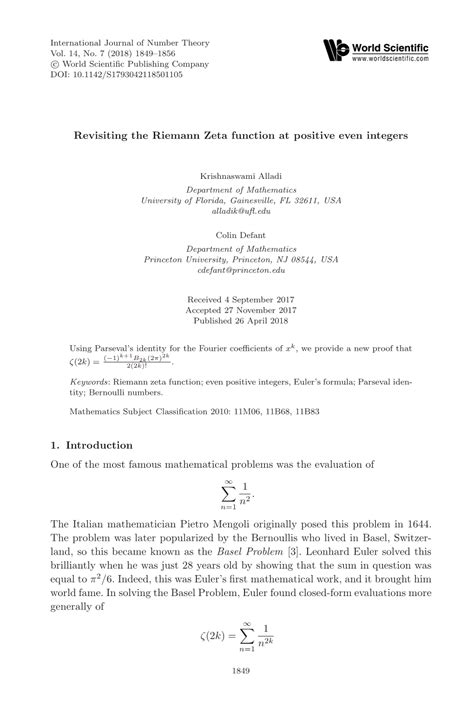 Revisiting The Riemann Zeta Function At Positive Even Integers 1