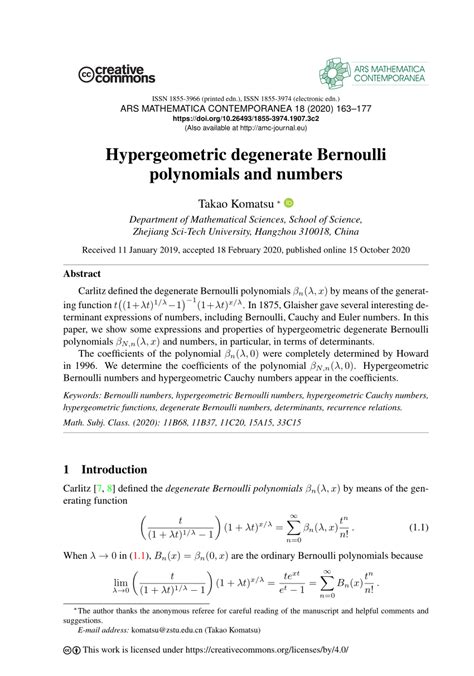 Pdf Hypergeometric Degenerate Bernoulli Polynomials And Numbers