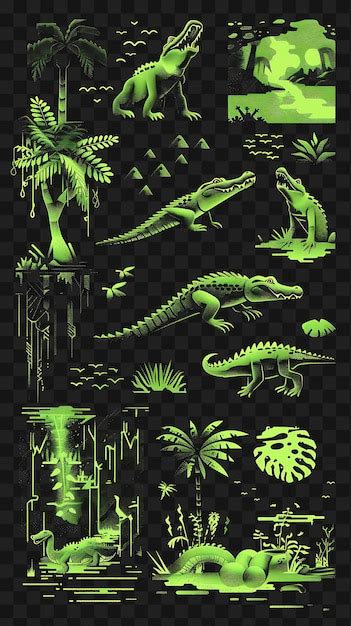 Premium Psd Set Of Simple Swamp 16 Bit Pixel With Moss And Alligators